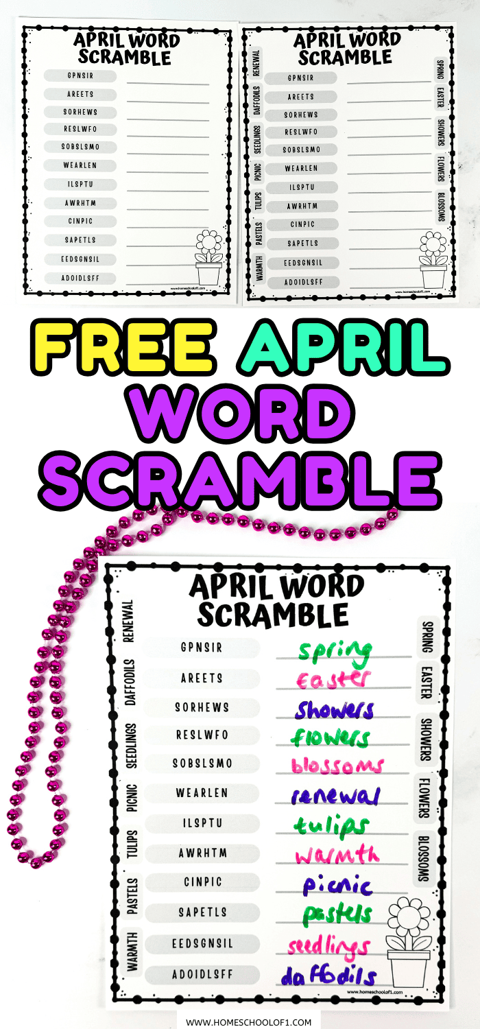 Free April Word Scramble Printable for Kids