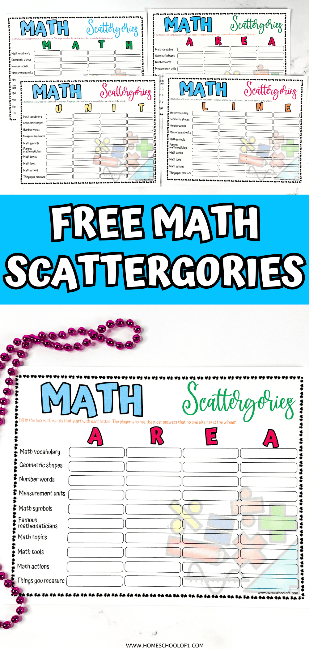 Math Scattergories (Free Printable Boards)