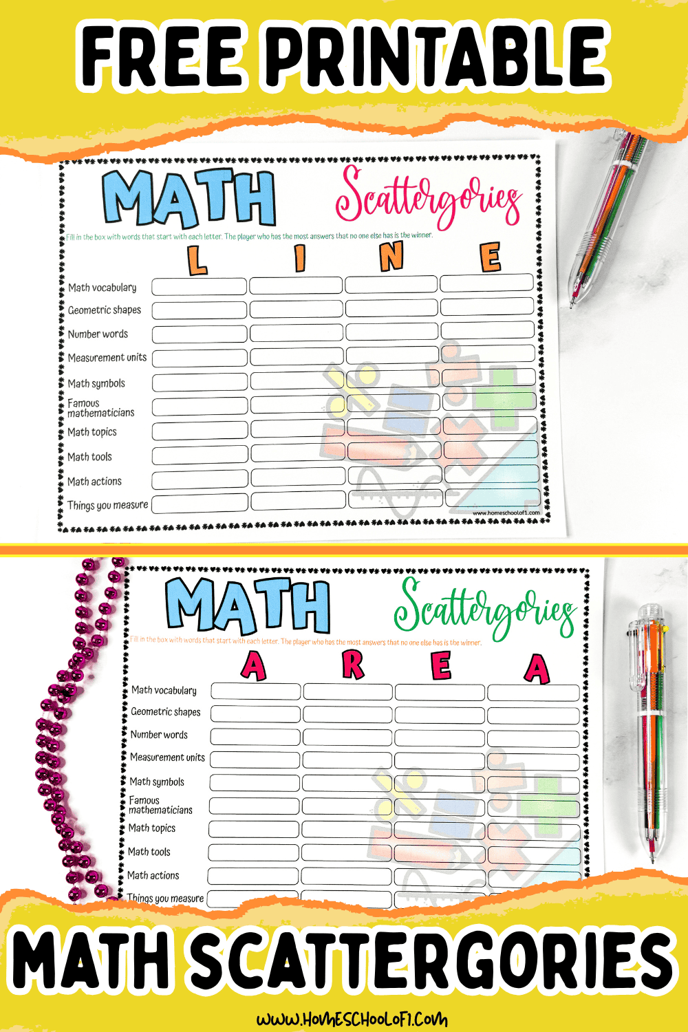 Math Scattergories (Free Printable Boards)