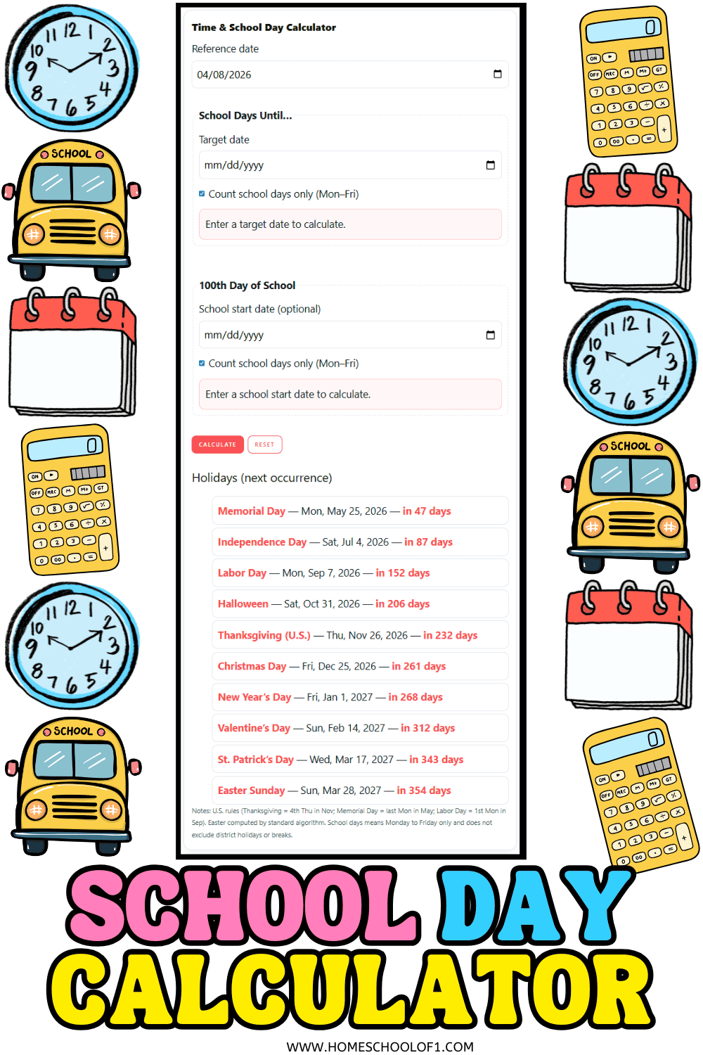 School Day Calculator for Teachers