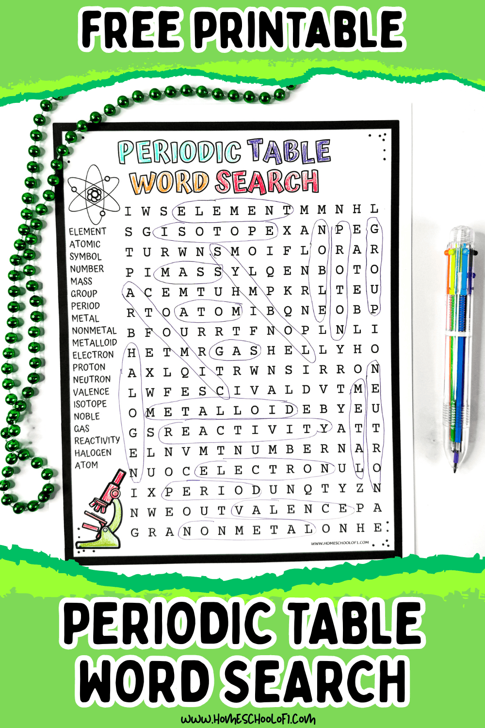 Periodic Table Word Search Printable for Kids