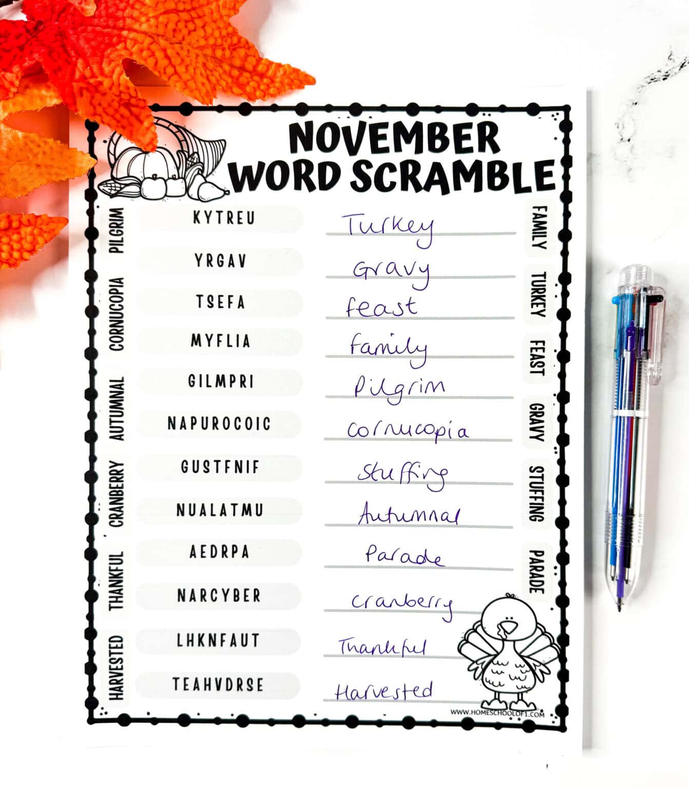 Free November Word Scramble Printable