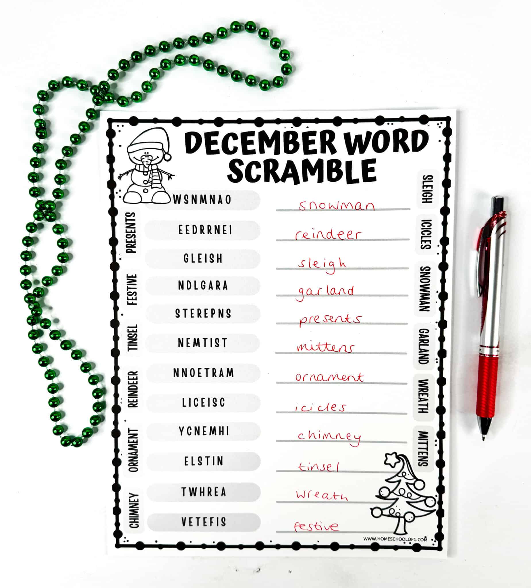 Free December Word Scramble Printable