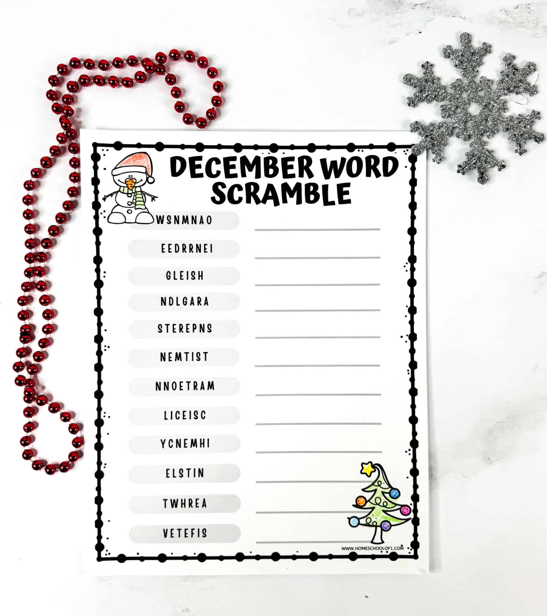 Free December Word Scramble Printable