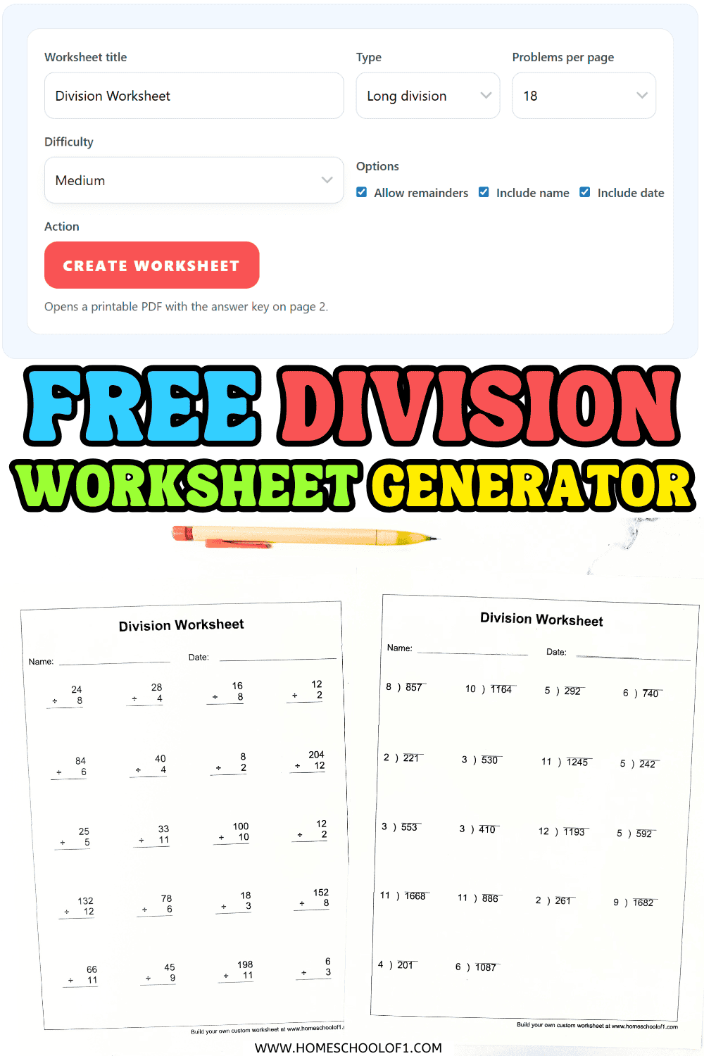 Free Division Worksheet Generator (Simple & Long Division PDFs)