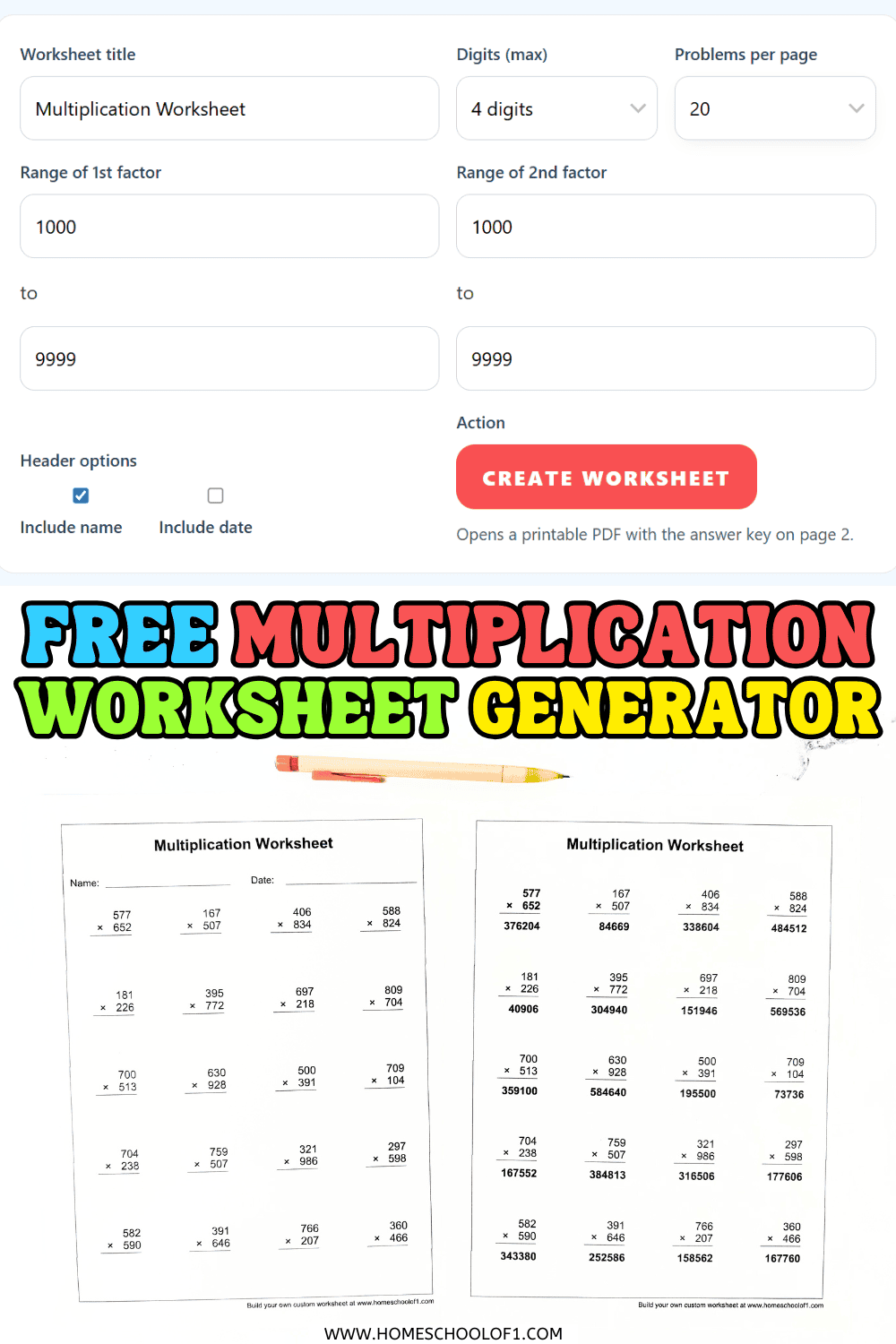 Free Multiplication Worksheet Generator