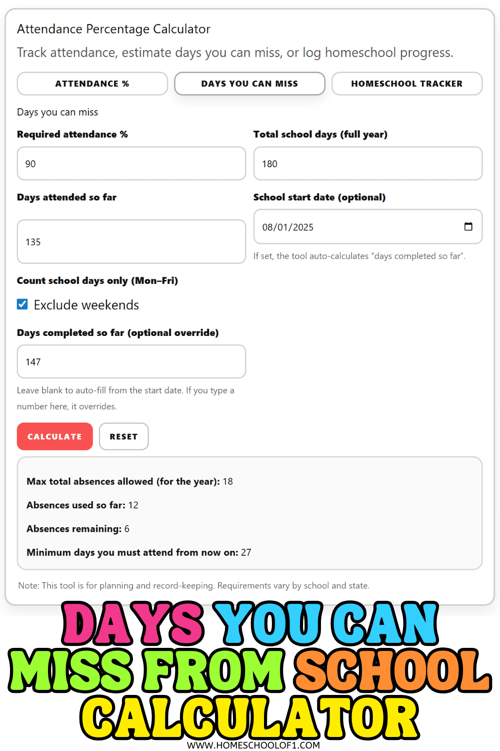 Attendance Percentage Calculator – Check Your % & Days Missed