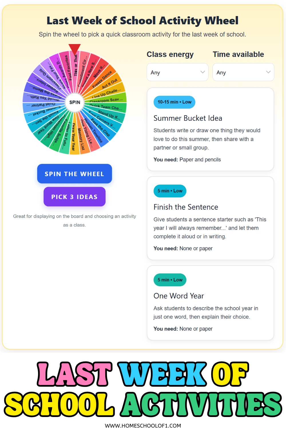 Last Week of School Activities | Spin the Wheel for Quick Ideas