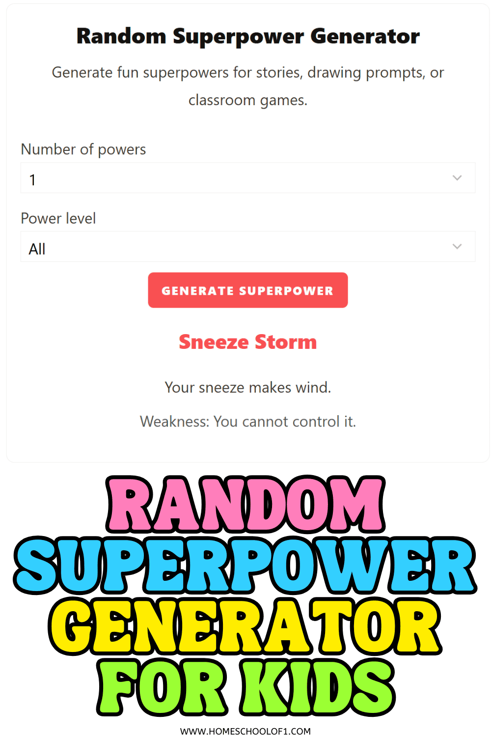 Random Superpower Generator for Kids