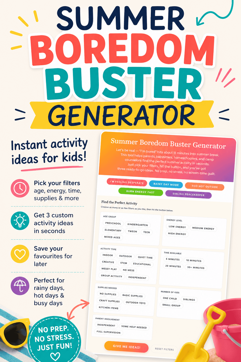Summer Boredom Buster Generator | Instant Ideas for Kids